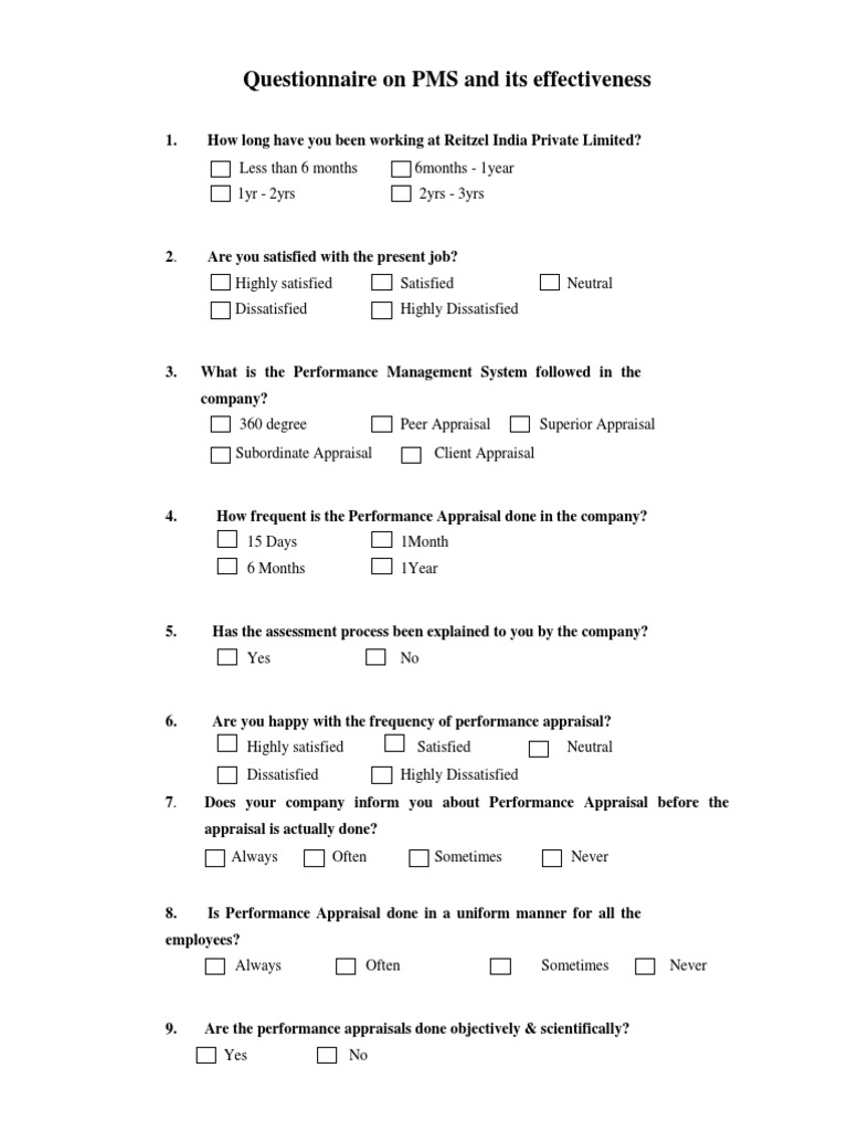 Questionnaire On PMS and Its Effectiveness | PDF | Performance ...