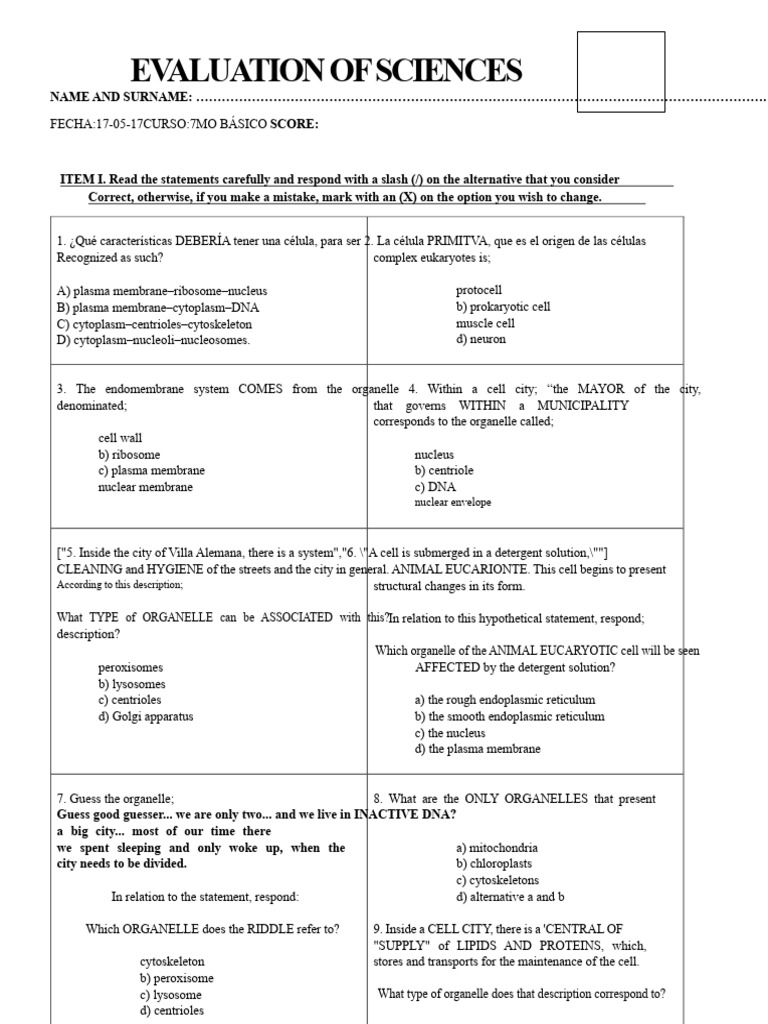seventh grade evaluation | PDF | Cell (Biology) | Eukaryotes
