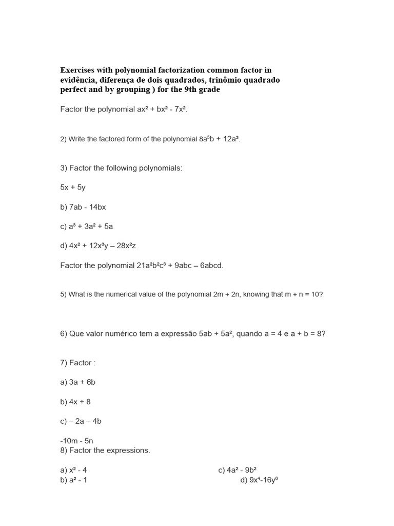 Exercises With Polynomial Factoring Common Factor Highlighted | PDF