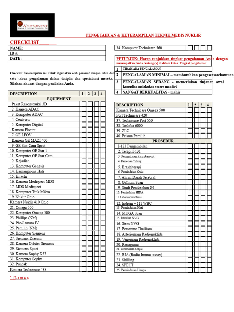 Daftar Periksa Keterampilan Teknologi Medis Nuklir | PDF