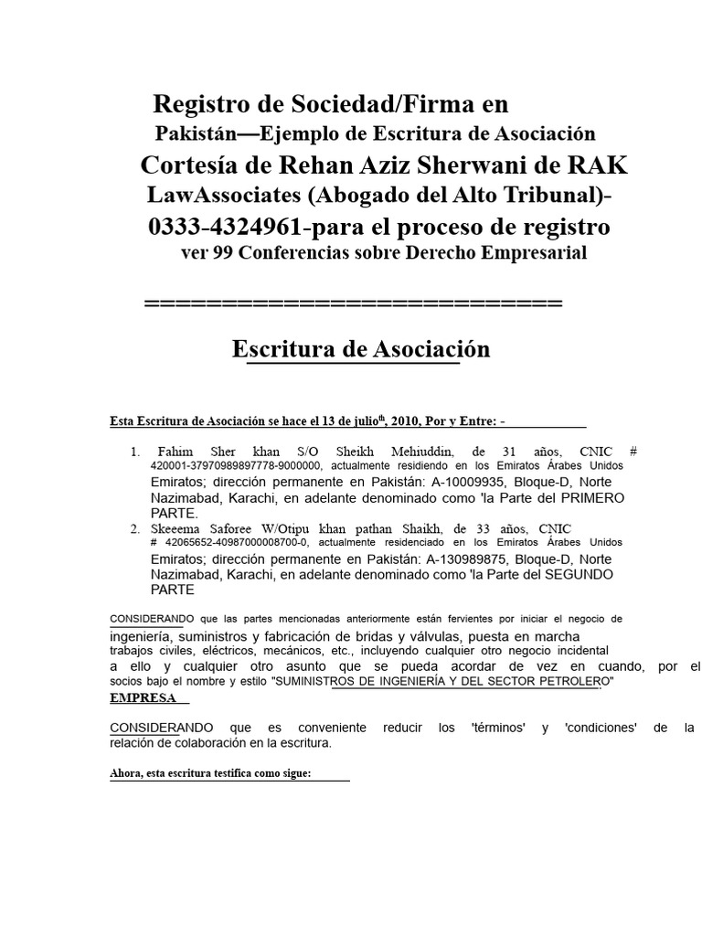 Registro de Sociedad/Firma en Cortesía de Rehan Aziz Sherwani de RAK ...