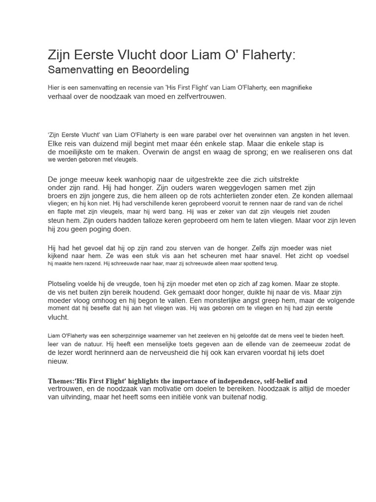Zijn Eerste Vlucht door Liam O.docx | PDF