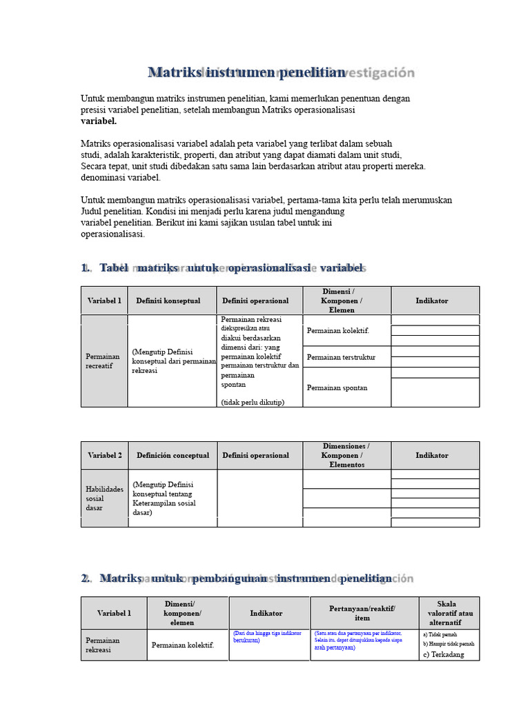 Matriks Operasionalisasi Variabel Penelitian | PDF