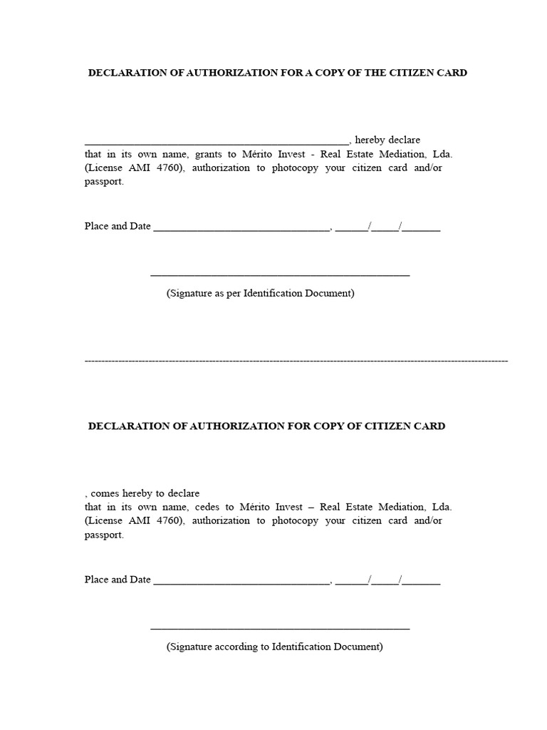 DECLARATION OF AUTHORIZATION FOR A COPY OF THE CITIZEN CARD | PDF