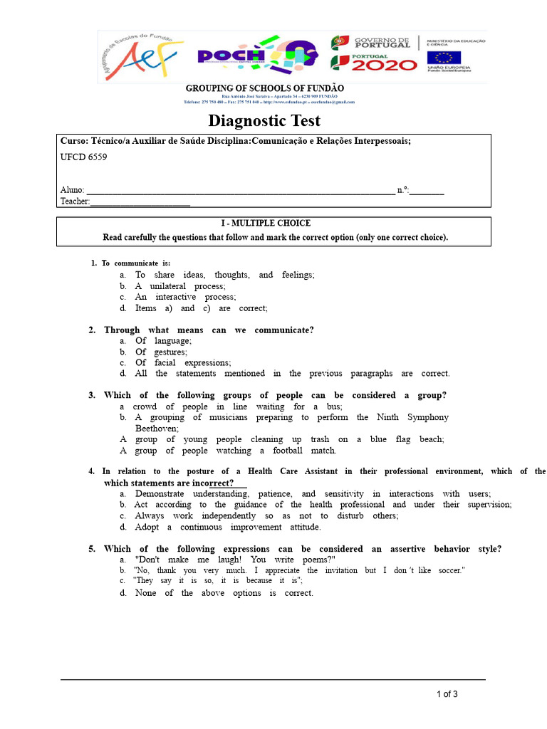 Diagnostic Test 10th Grade | PDF | Communication | Multiple Choice