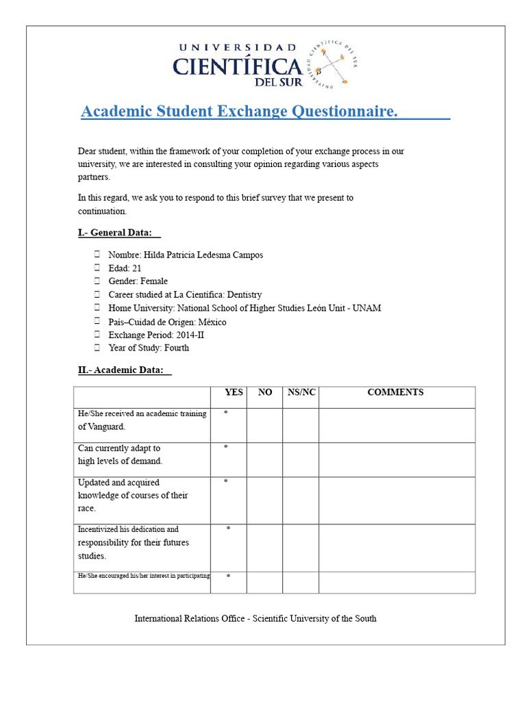 Academic Student Exchange Questionnaire - Foreign Students | PDF