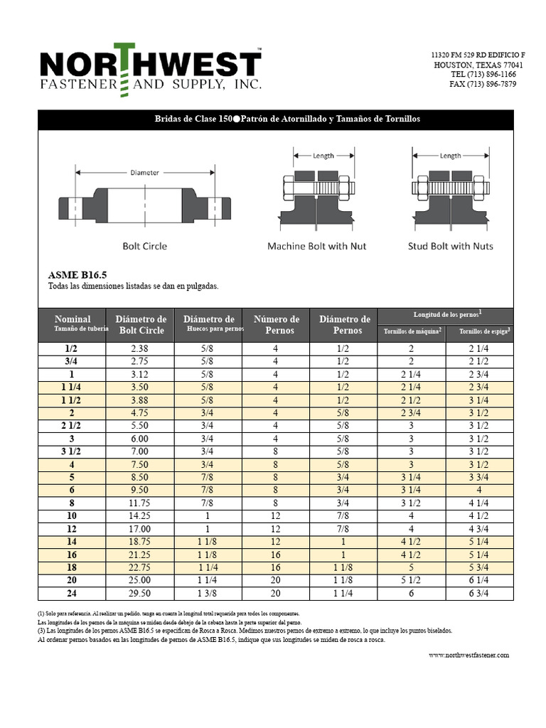 Dimensiones de Bridas Clase 150 ASME B16.5 | PDF | Tornillo ...