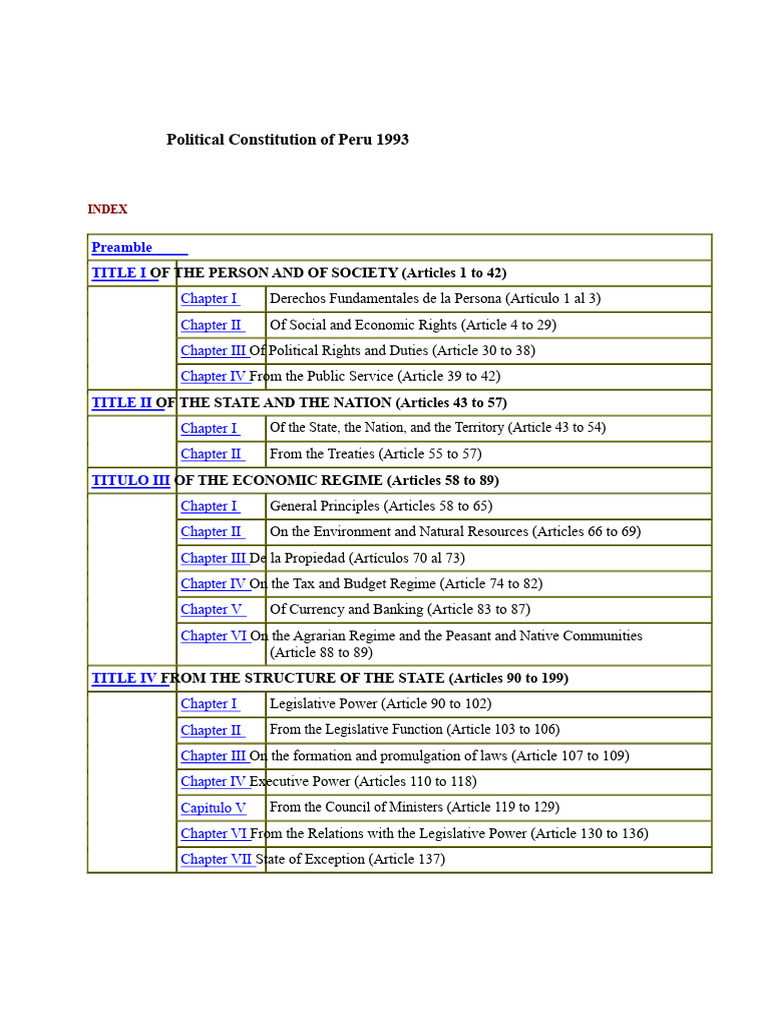 Political Constitution of Peru 1993 Complete | PDF | Citizenship ...
