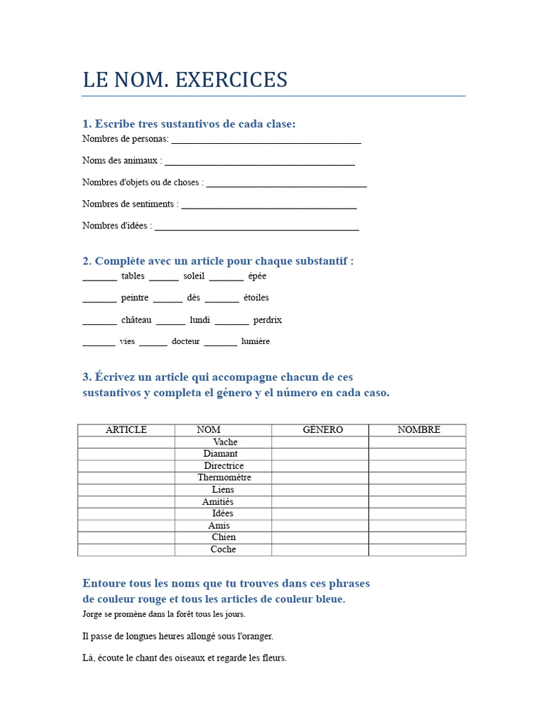 Exercices sur les noms et articles | PDF