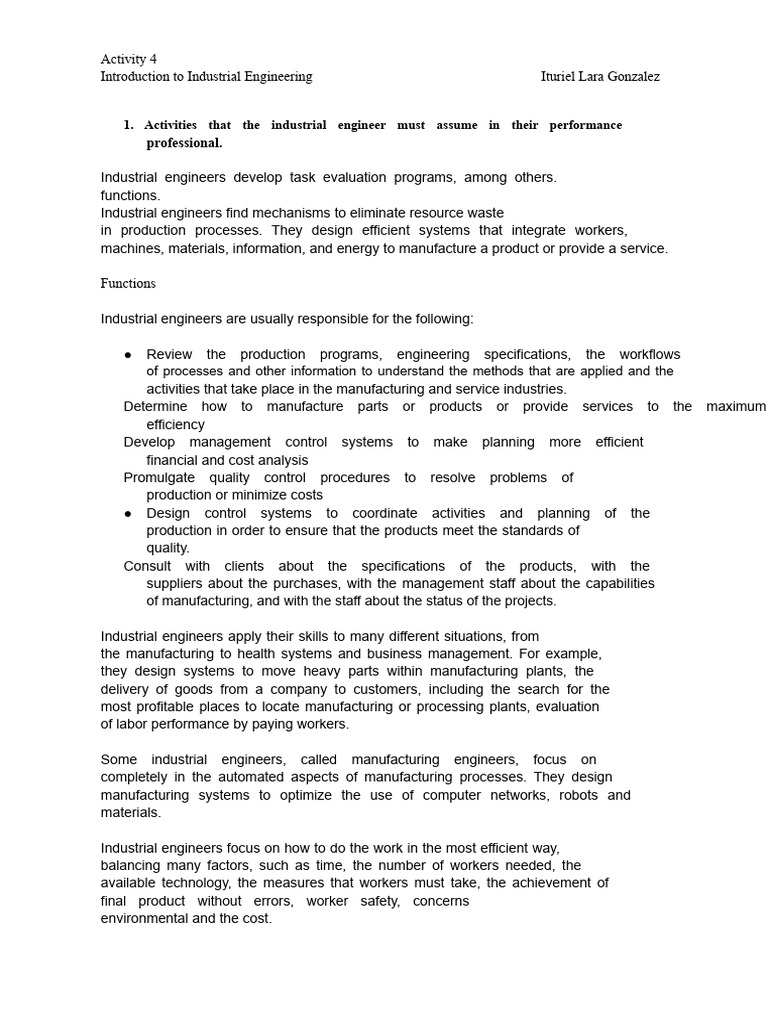 Activities That The Industrial Engineer Should Undertake in Their ...