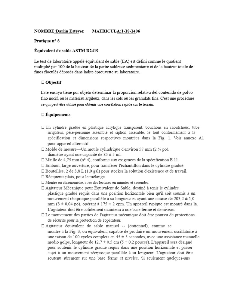 Test d'Équivalent de Sable ASTM D2419 | PDF | Secteur secondaire de l ...