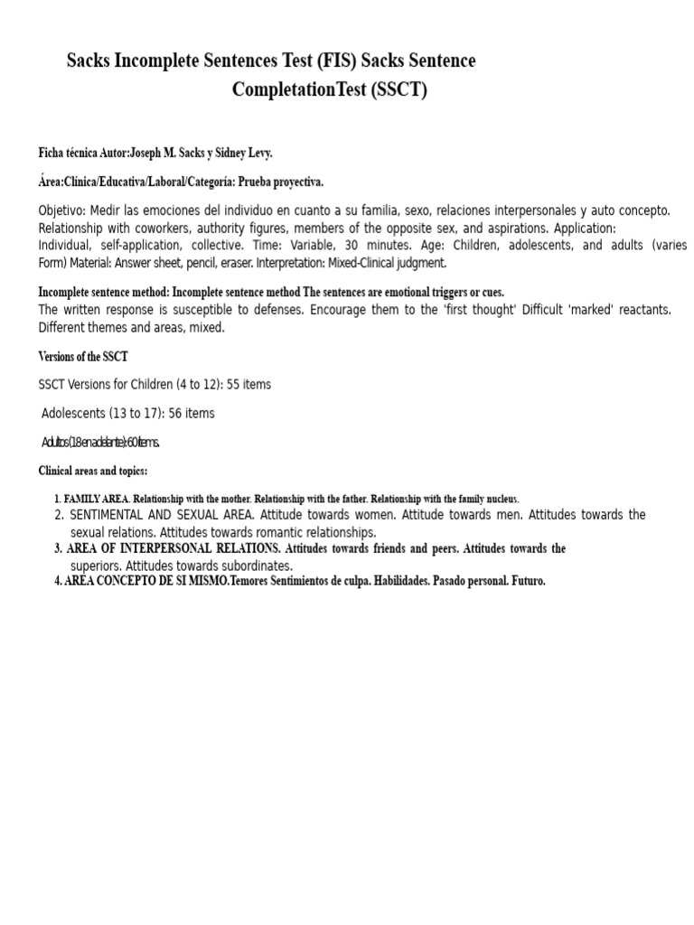 Sacks' Incomplete Sentences Test | PDF | Adolescence | Self Concept
