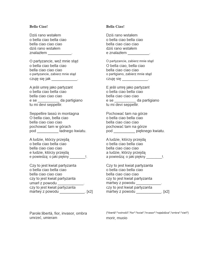 Bella Ciao Tekst A1 | PDF
