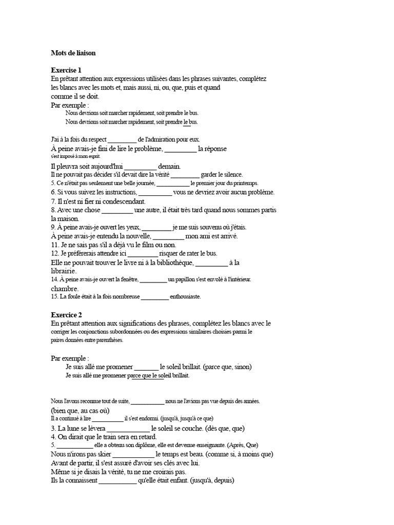Mots de liaison et exercices pratiques | PDF