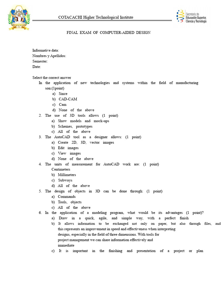 CAD Final Exam at Cotacachi Institute | PDF | Computer Aided Design | 3 ...