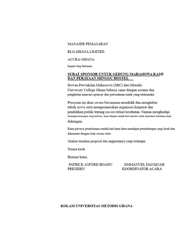 Sponsorship untuk Perayaan Hostel MUCG | PDF
