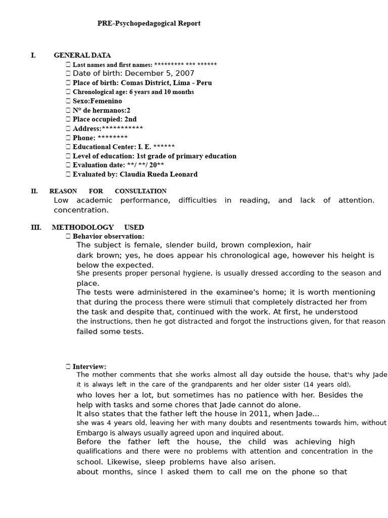 Pre-Psychopedagogical Evaluation Report | PDF | Attention | Knowledge