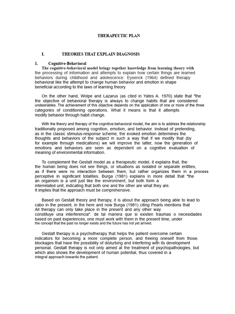 EXAMPLE THERAPEUTIC PLAN | PDF | Psychotherapy | Cognitive Behavioral ...