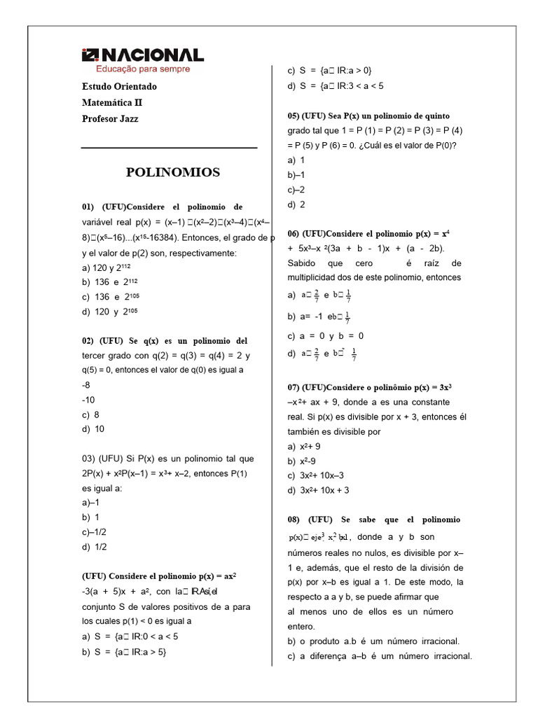 Lista de polinomios - UFU | PDF | Variable (Matemáticas) | Polinomio