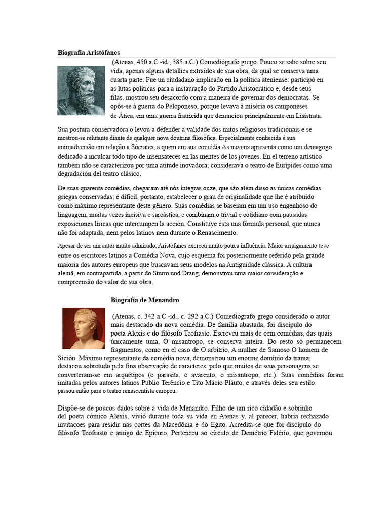 Biografias de Comediógrafos Clássicos | PDF | Aristófanes | Comédia