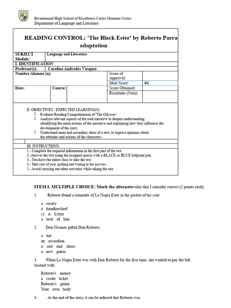 Reading Control The Black Ester | PDF | Multiple Choice
