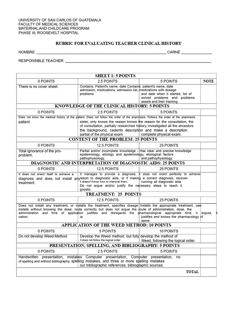 Teacher Clinical History Evaluation Rubric | PDF | Medical Diagnosis ...