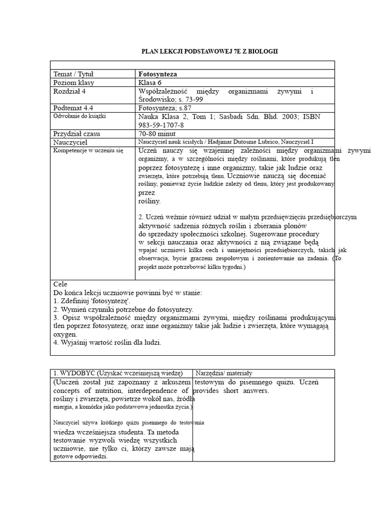 BASIC 7E PLAN LEKCJI Z BIOLOGII.docx | PDF