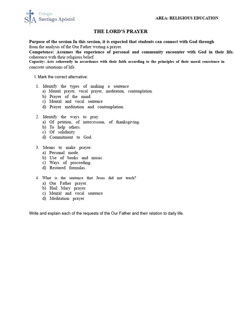 Religion Sheet Session 5 The Prayer of Jesus | PDF
