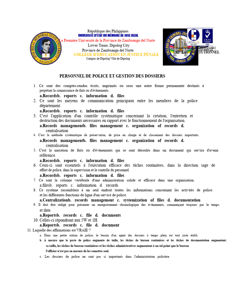 Examen de 100 Questions (Personnel de Police) | PDF | Planification ...