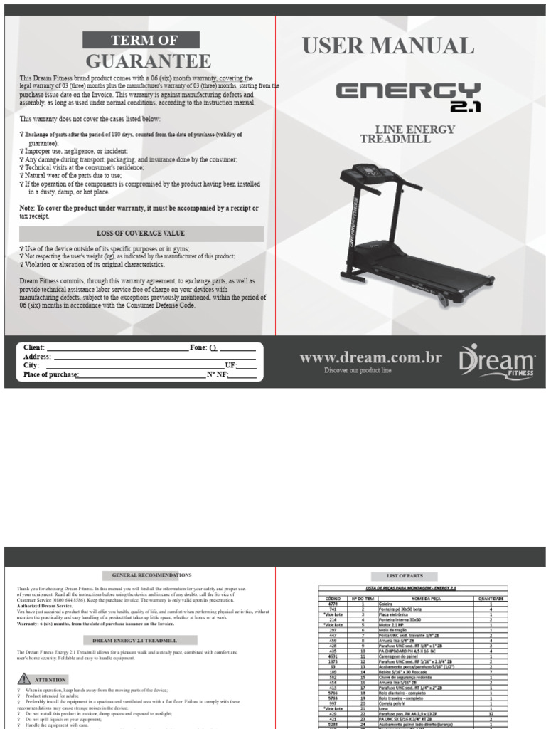 Dream Fitness Energy 2.1 Treadmill Manual | PDF | Treadmill | Receipt
