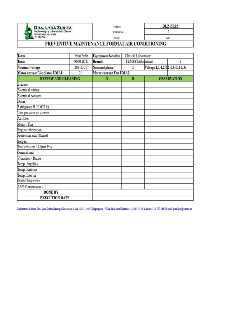 Preventive Maintenance Format Air Conditioning | PDF