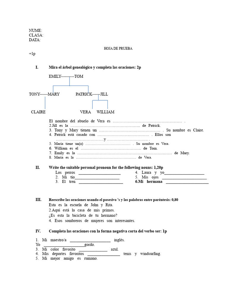 Actividades de Prueba de Gramática y Vocabulario | PDF | Morfología ...