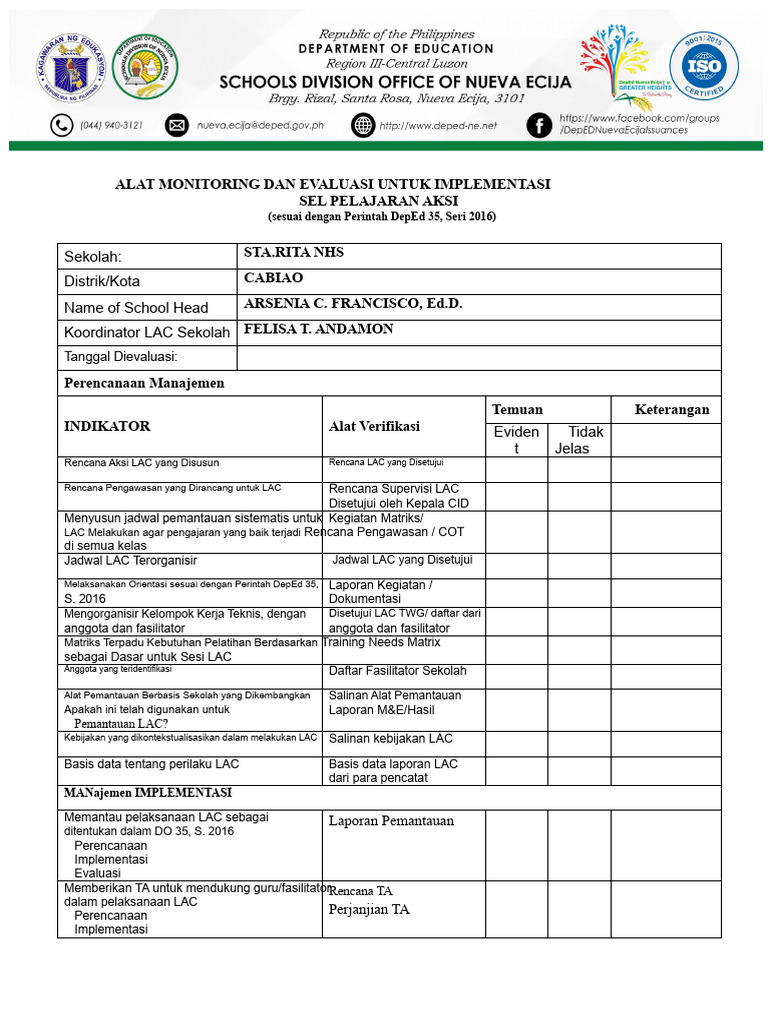 Alat M&E untuk Implementasi LAC DepEd | PDF