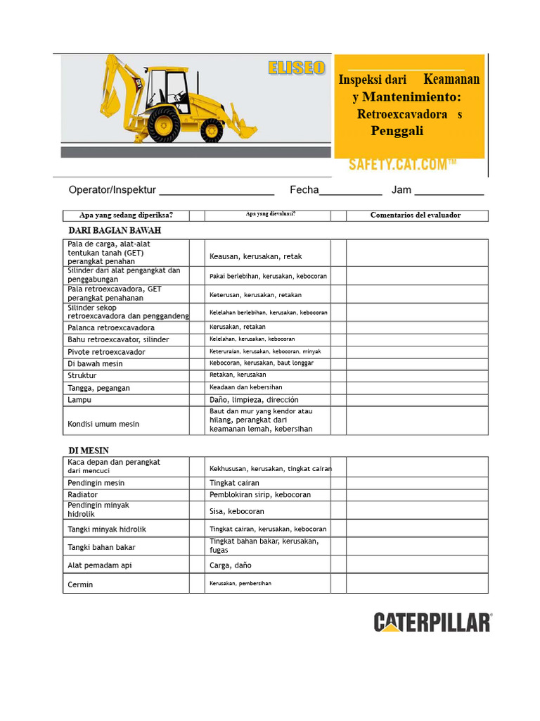 Daftar Periksa Inspeksi Material untuk Ekskavator dan Loader ...