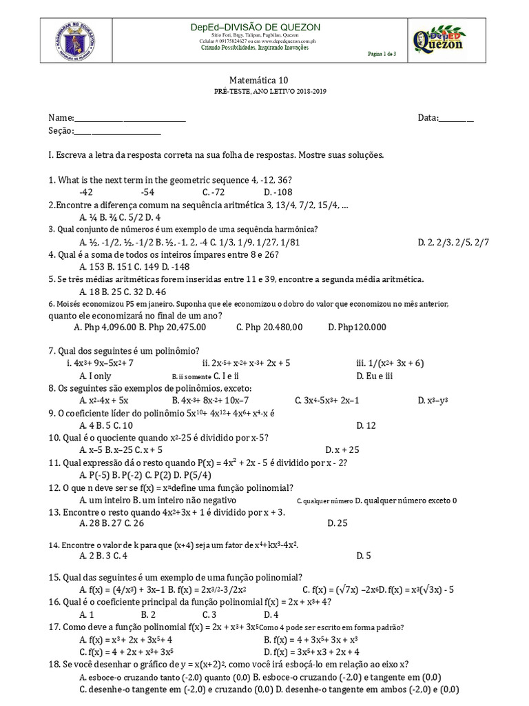 G10pré-teste_pós-teste | PDF | Círculo | Ângulo