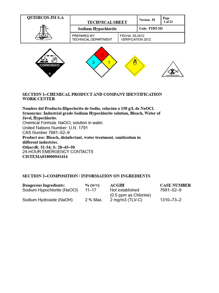 Sodium Hypochlorite Technical Sheet | PDF | Chlorine | Fires