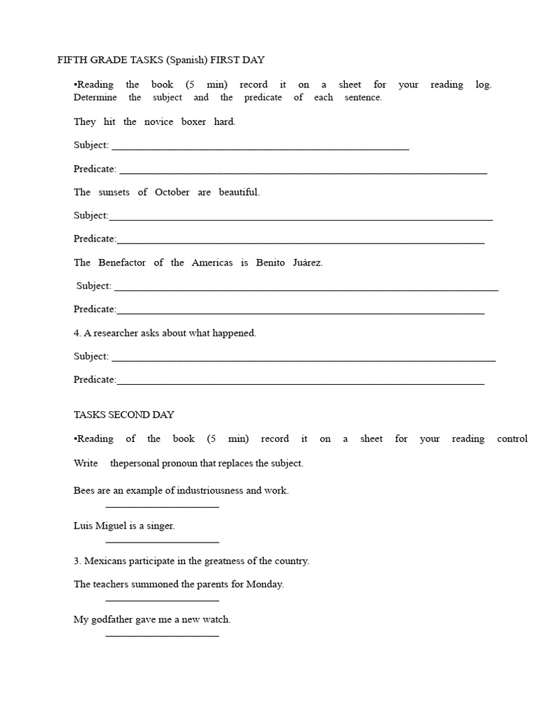 Extra Tasks Spanish 5th Grade | PDF | Subject (Grammar) | Predicate ...