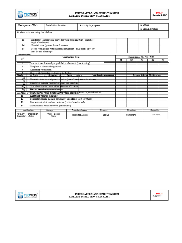 FO 8.27 - vr.01 - Inspection Checklist - Lifeline | PDF | Rope