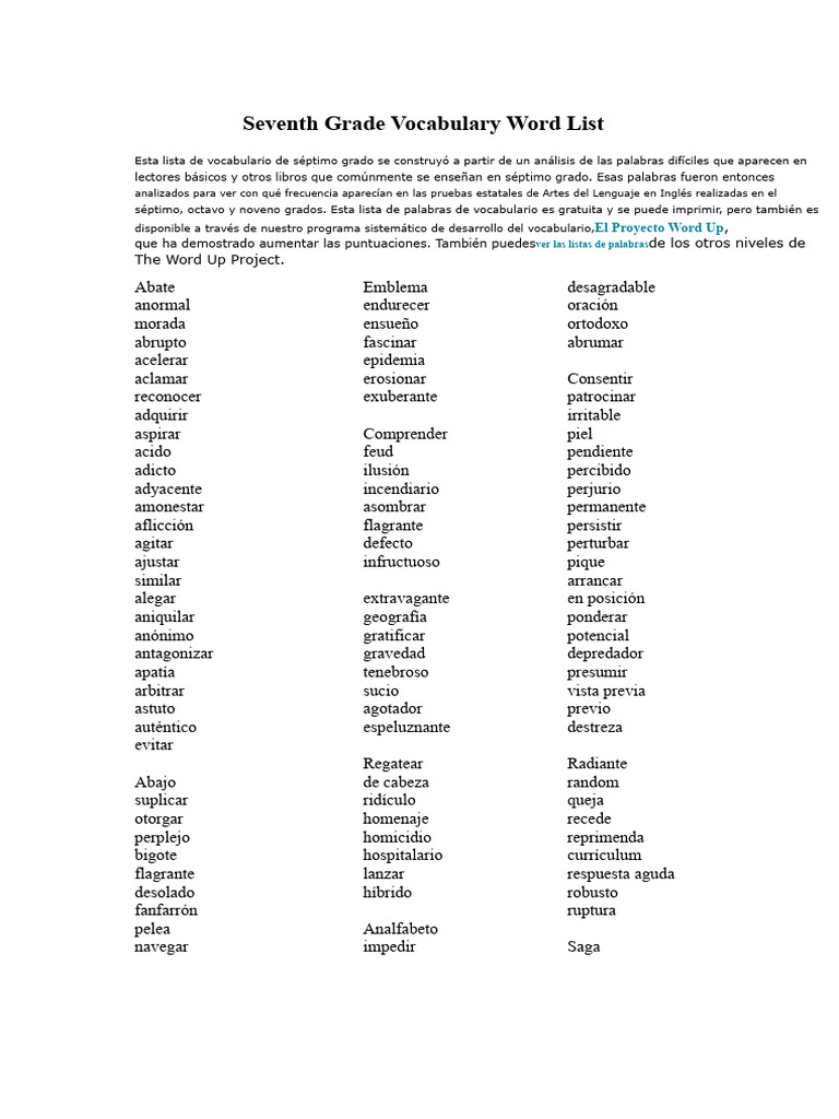 Lista de Palabras de Vocabulario de Séptimo Grado | PDF