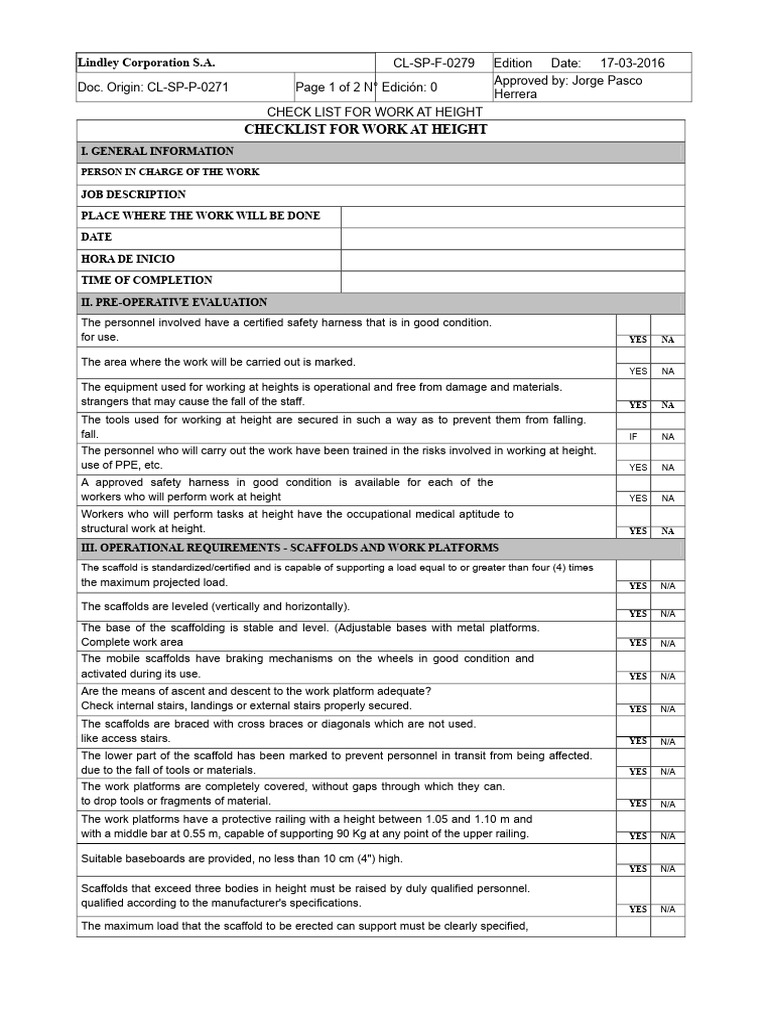 Work at Height Safety Checklist | PDF | Scaffolding | Stairs