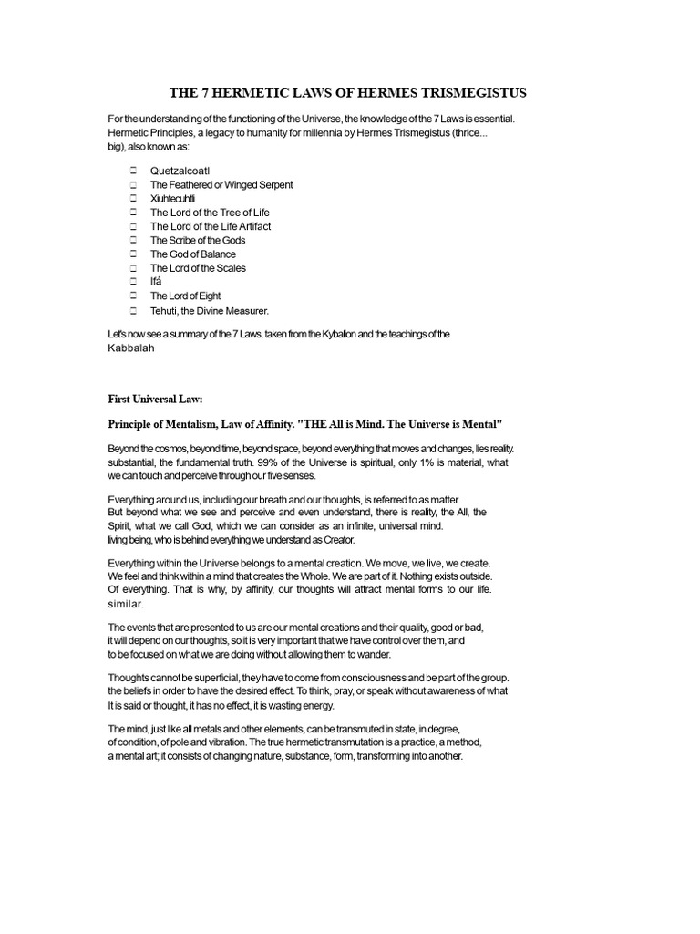 The 7 Hermetic Laws of Hermes Trismegistus | PDF | Hermeticism | Mind