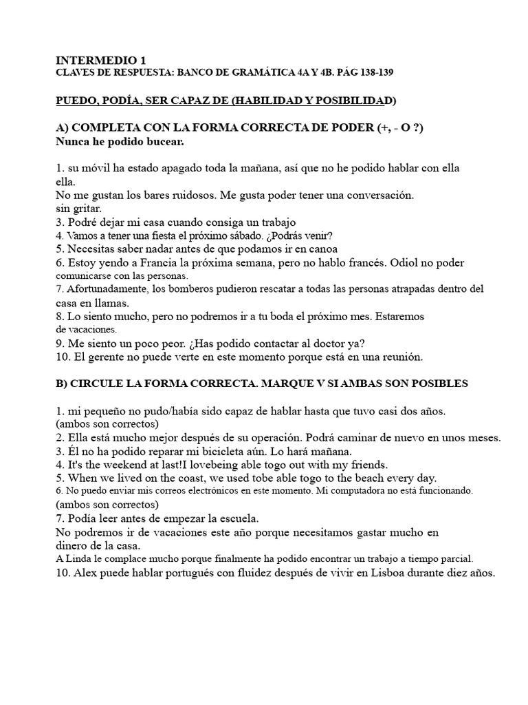 Soluciones Banco de Gramática 4a y 4b Intermedio 1 | PDF