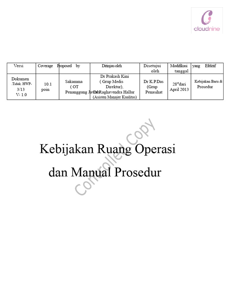 Manual Kebijakan Dan Prosedur Ruang Operasi | PDF