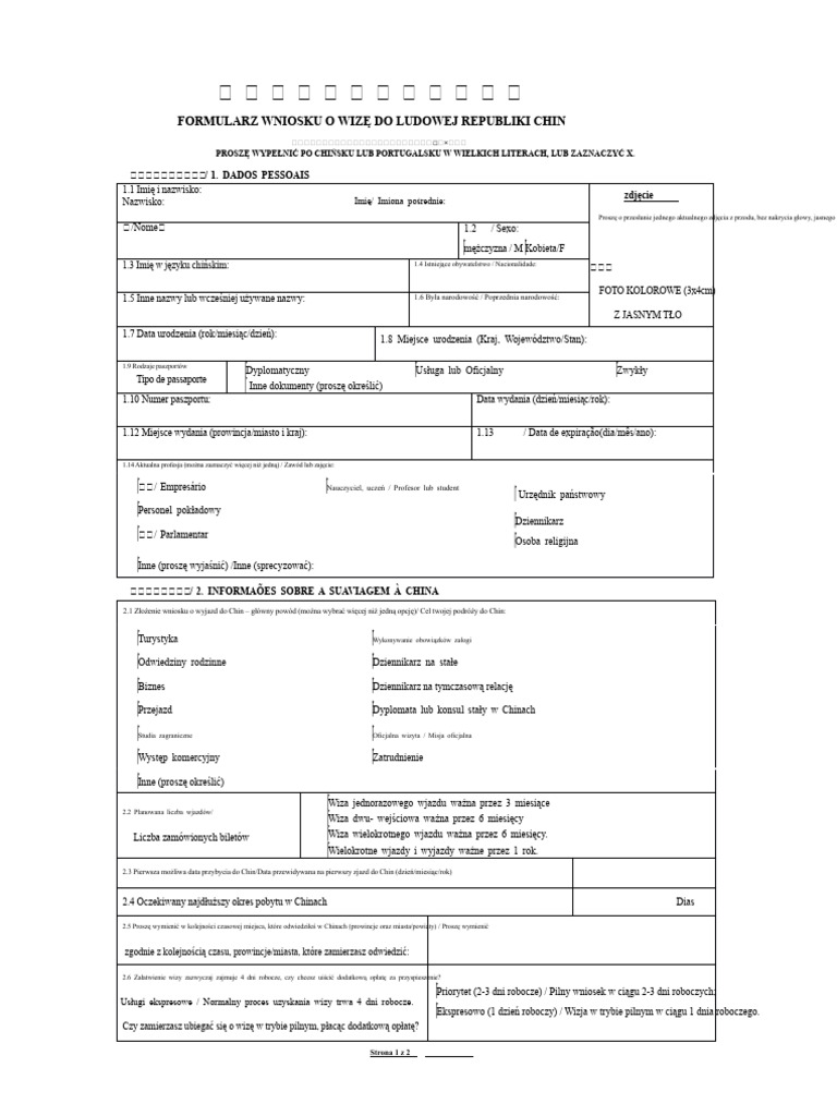 Formularz Wizy Do Chin | PDF