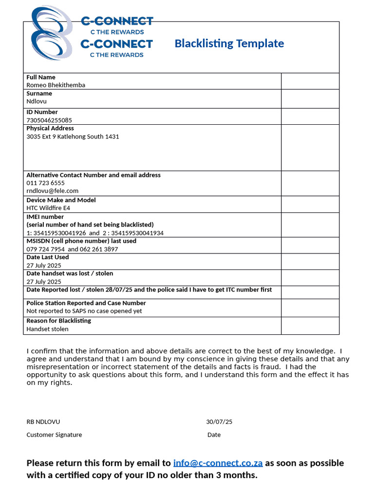C-CONNECT Blacklisting Form | PDF