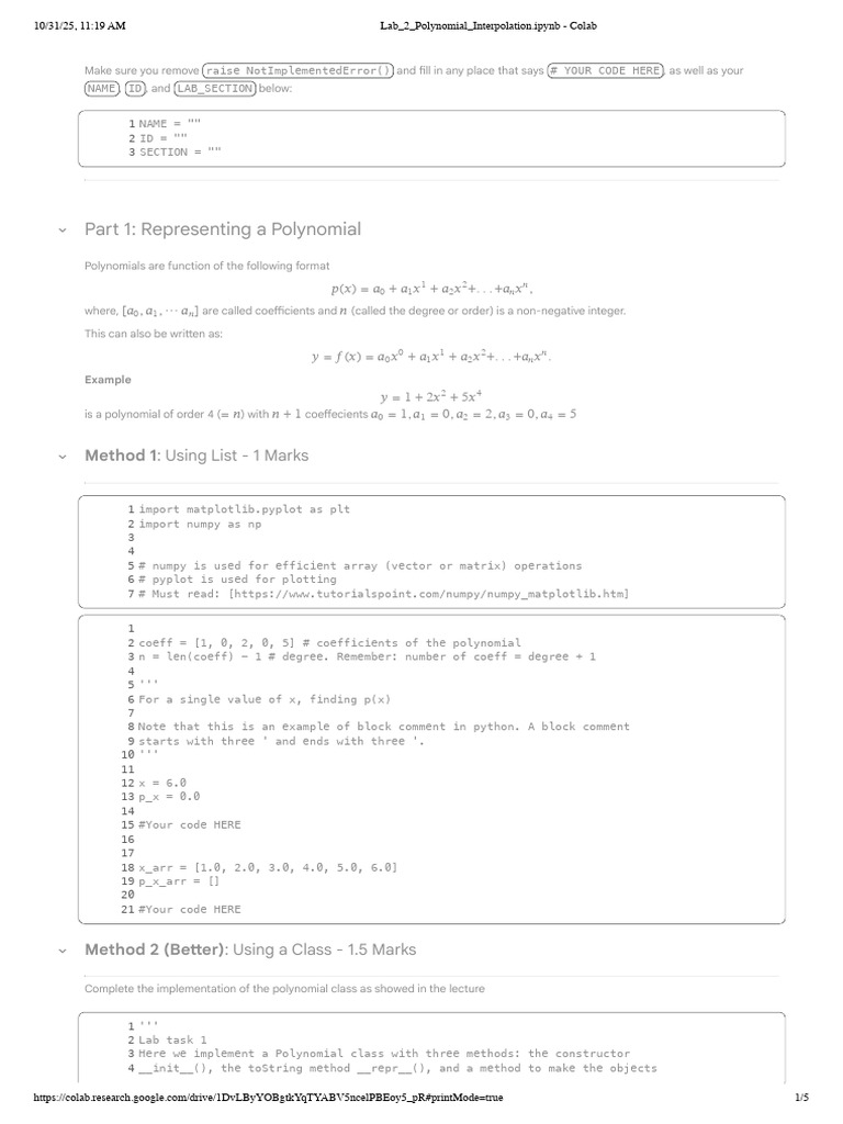 Lab 2 Polynomial Interpolation - Ipynb - Colab | PDF | Polynomial | Matrix (Mathematics)