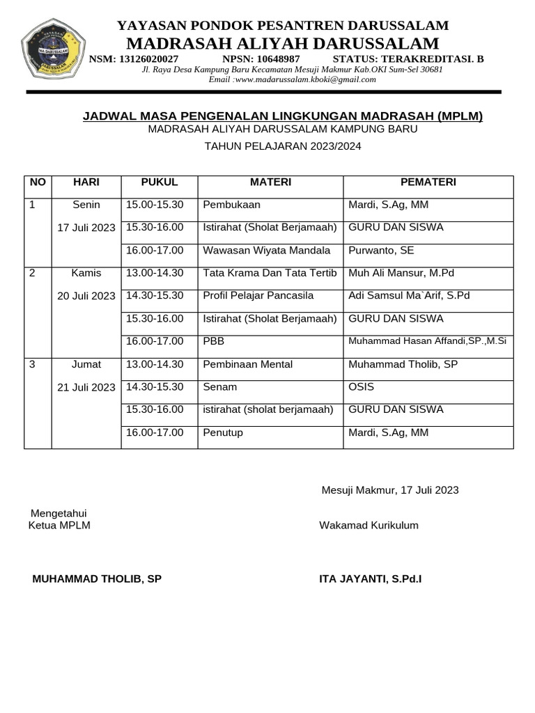 Jadwal MPLM Madrasah Aliyah Darussalam | PDF