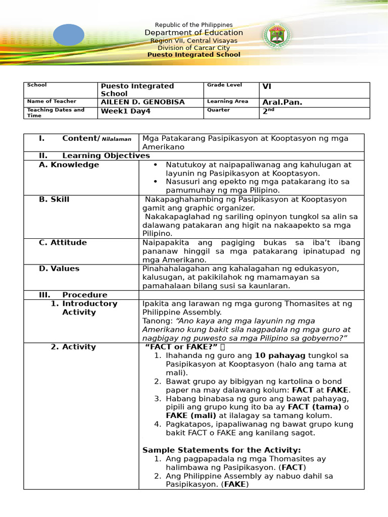 Iplan in Araling Panlipunan 6 Week 1 Day4 | PDF
