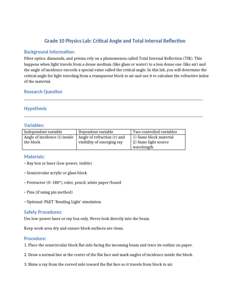 Grade10 Physics Lab Critical Angle TIR | PDF | Refraction | Refractive ...