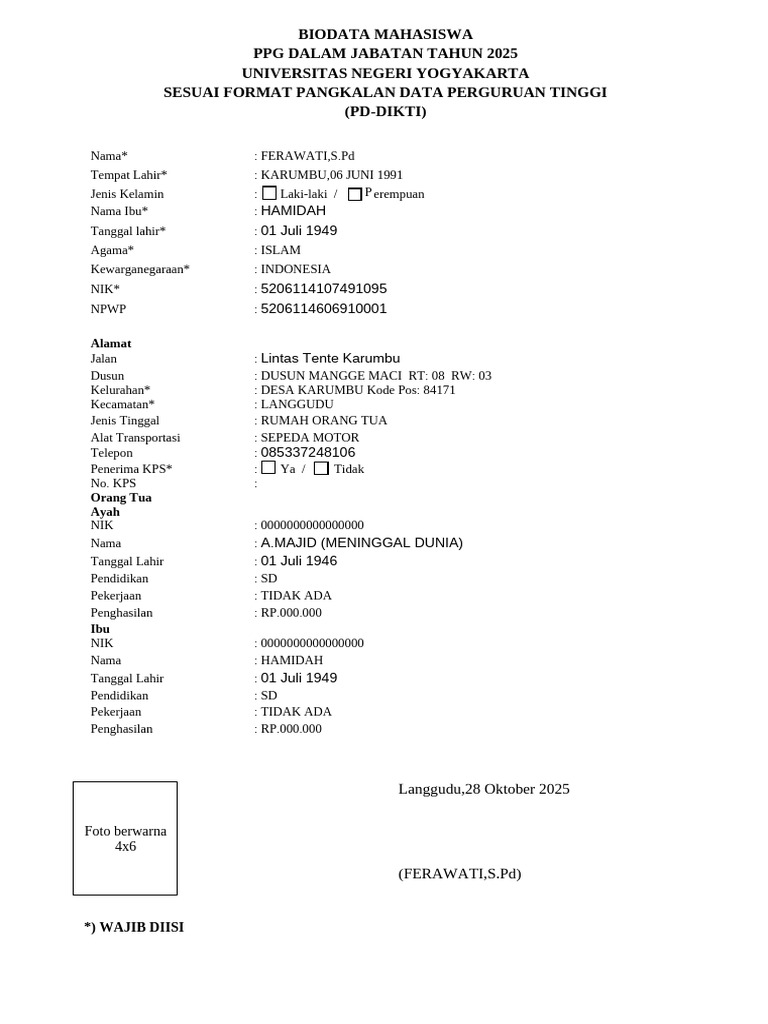 Biodata Mahasiswa PPG 2025 UNY | PDF